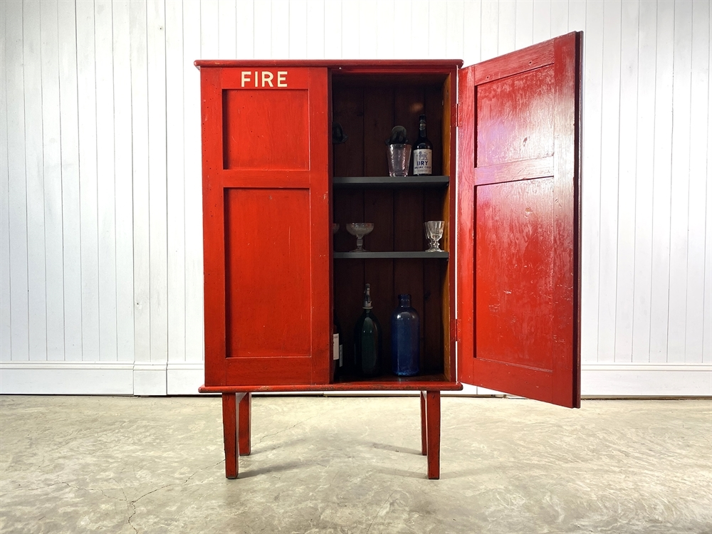 Fire Hose Cupboard - Vintage drinks cabinet - Fire station red